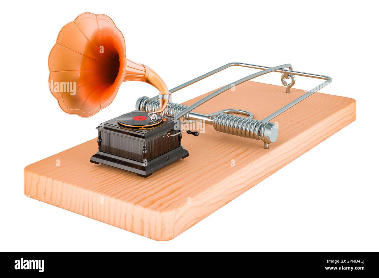 Gramophone inside mousetrap. 3D rendering isolated on white background ...