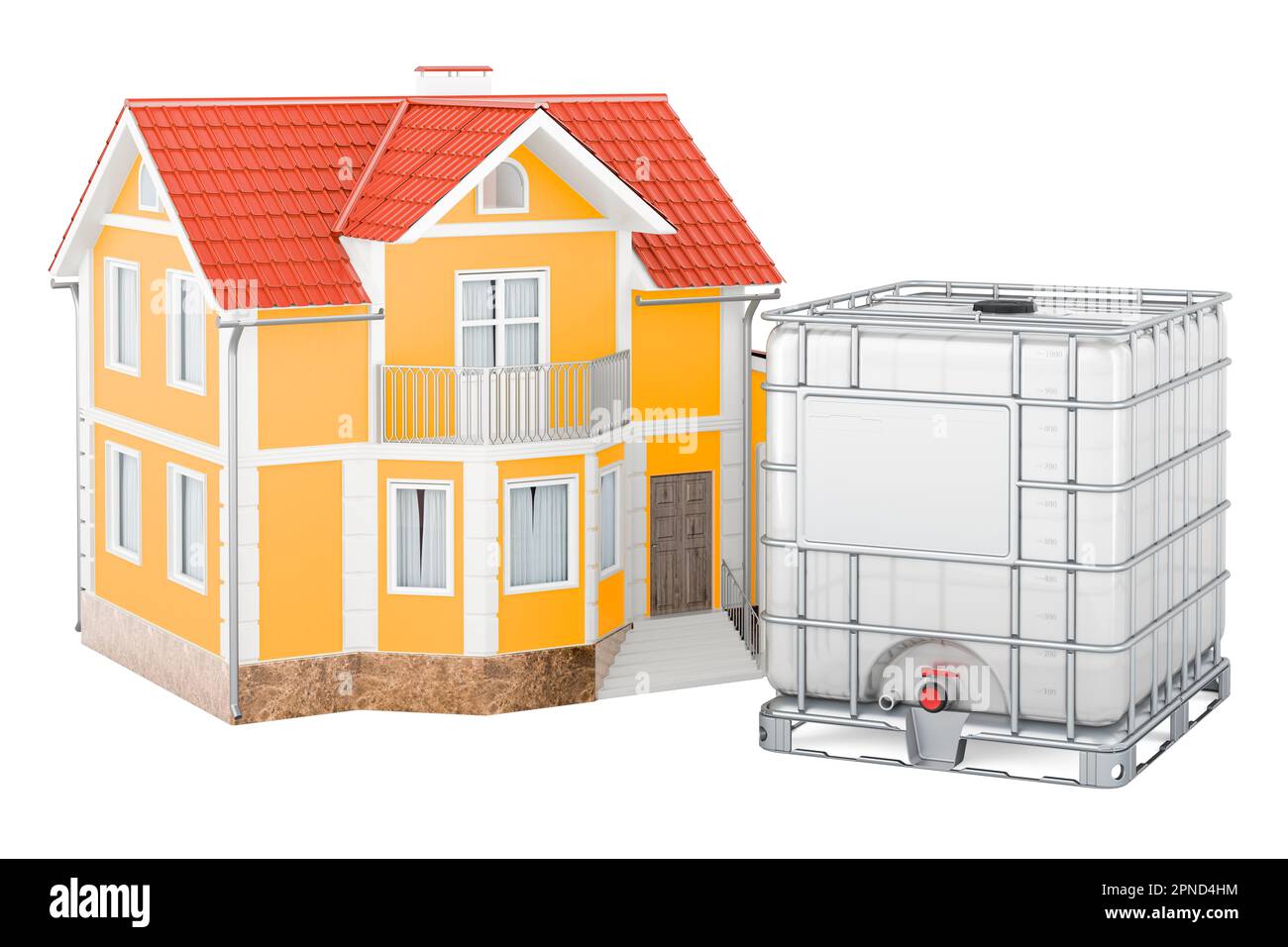 Intermediate bulk container with house, 3D rendering isolated on white ...