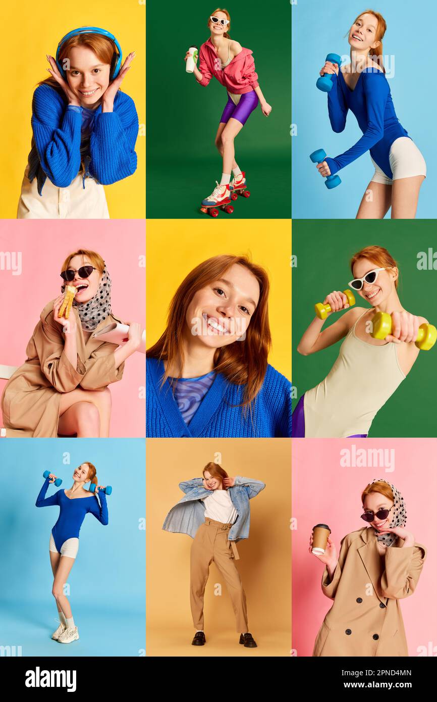 Collage made of portraits of cheerful young adorable girl in ...