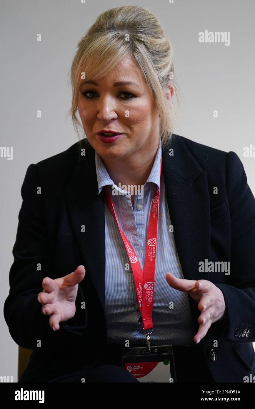 Sinn Fein vice president Michelle O'Neill speaking to the media as she ...