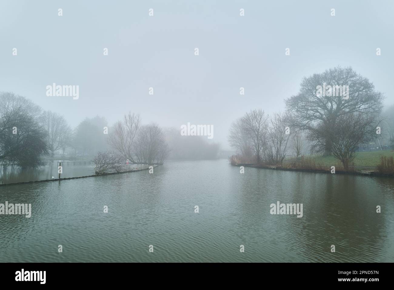 Waterside trees reflected in the boating lake, Corby, England, on a ...