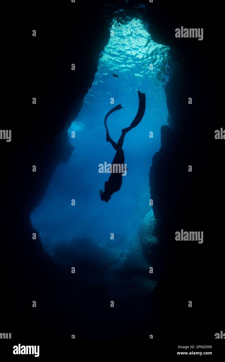 diver woman freediving in cave Stock Photo - Alamy