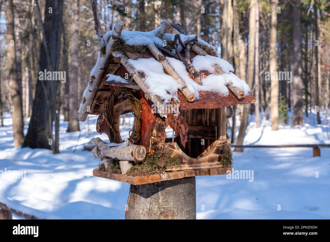 bird feeder made of natural materials is set in a winter snowy forest ...