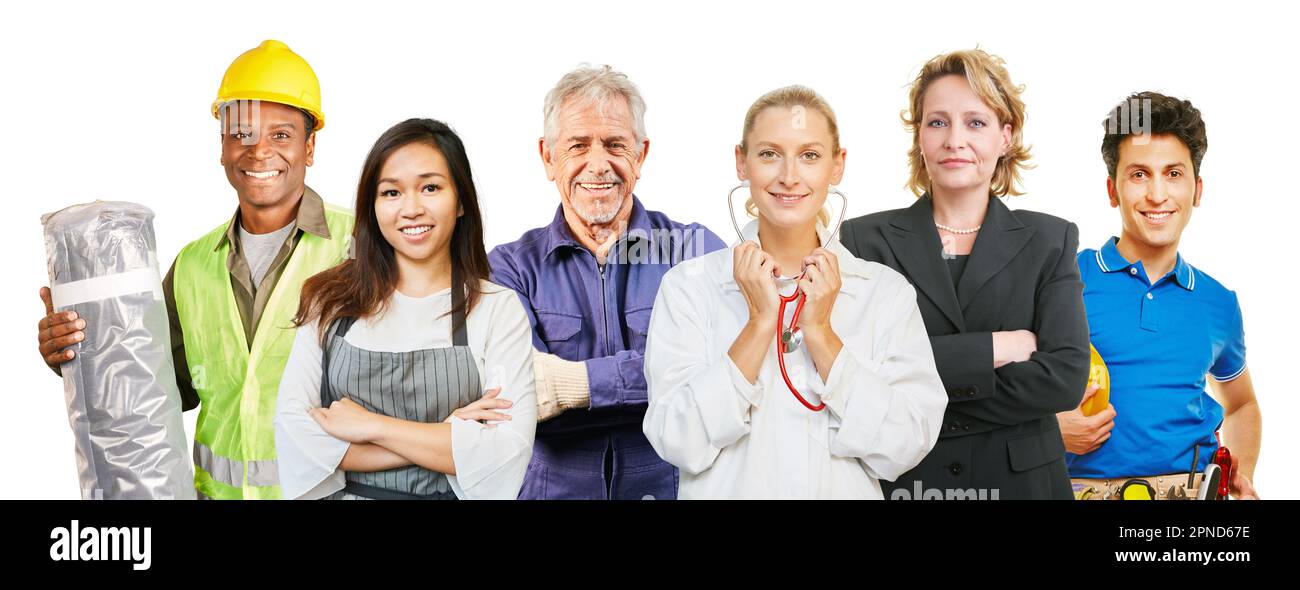 Employees from different professions stand together as a human ...