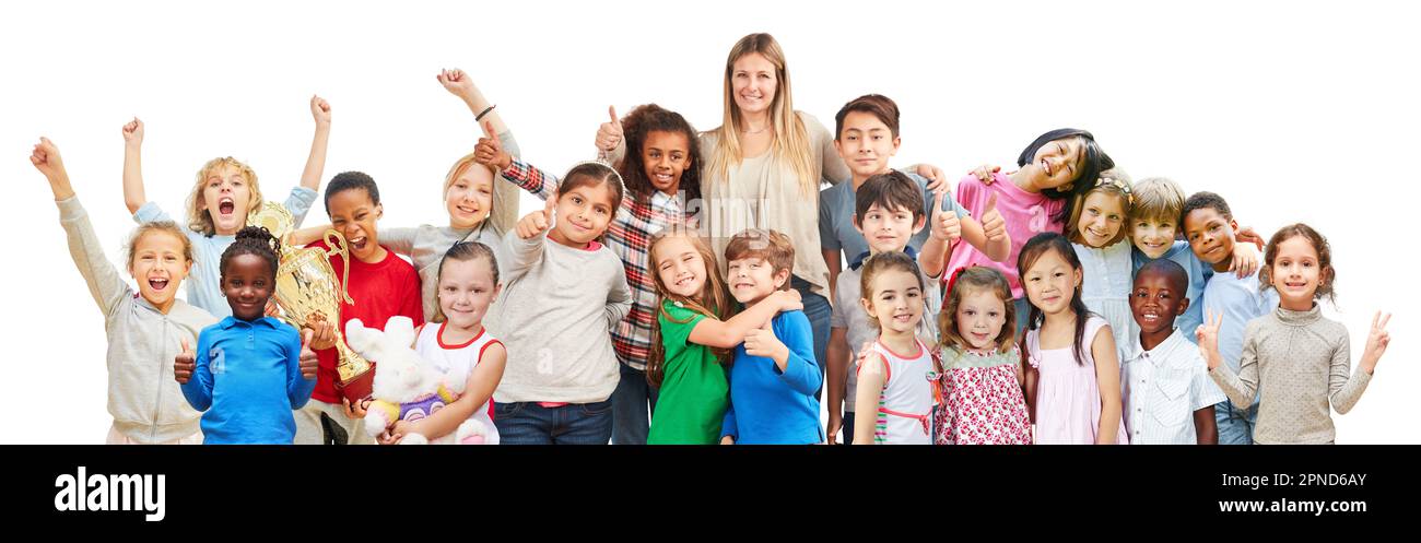Cheering and happy children from kindergarten and school with teacher ...
