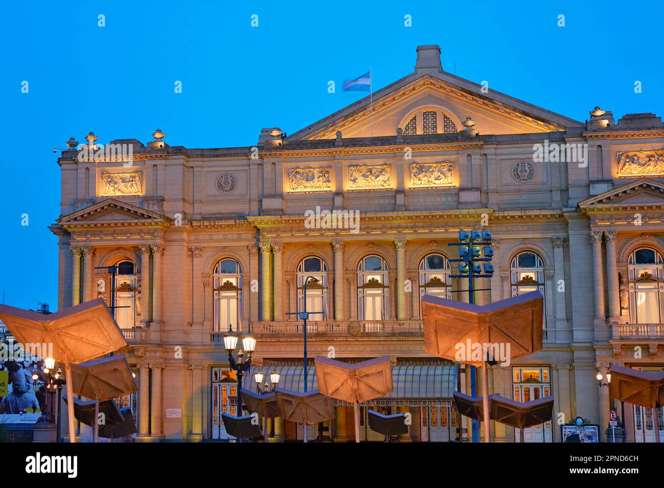 Lecterns in the foreground in front of the Colon Theatre Opera House ...