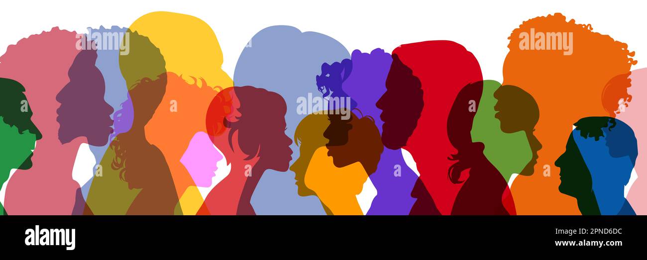 Many people in profile as colorful silhouettes of their heads form ...