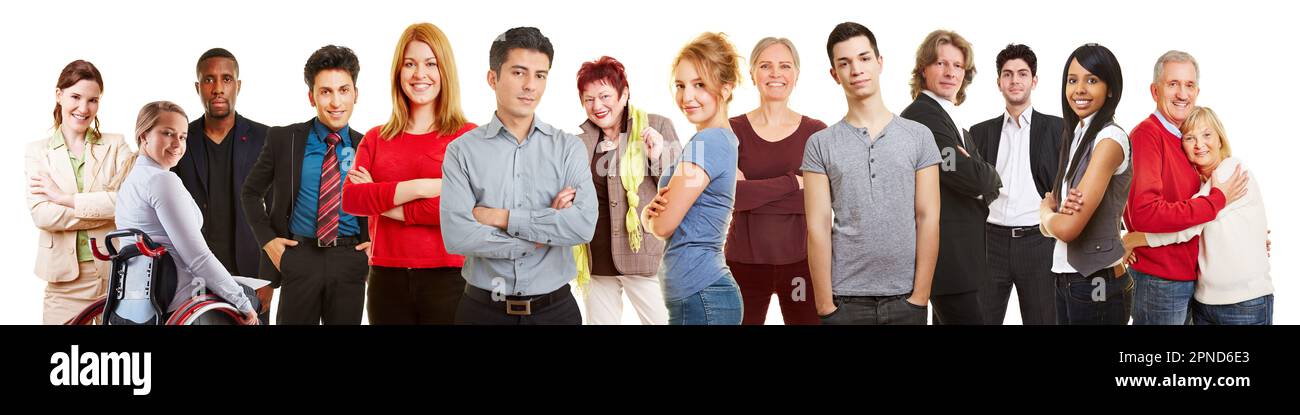 Panorama of many satisfied and happy adults of many generations Stock ...