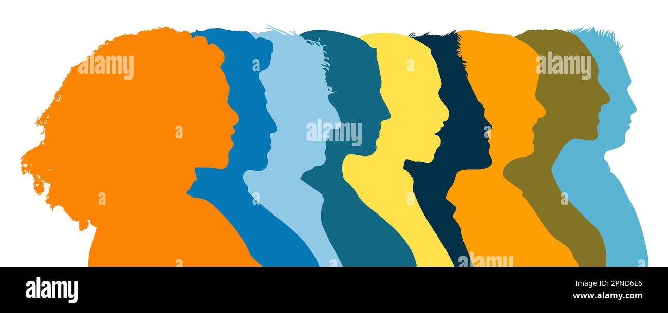 Colorful heads of many people look in one direction as a team and ...