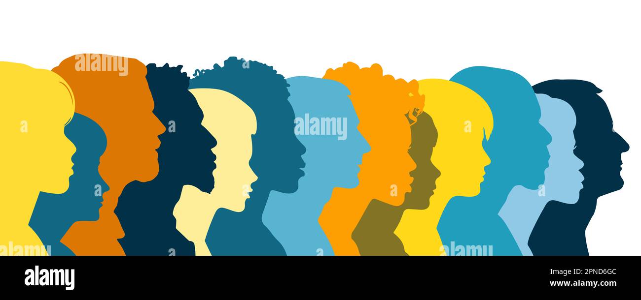 Heads of people of many generations in profile form row as future and ...