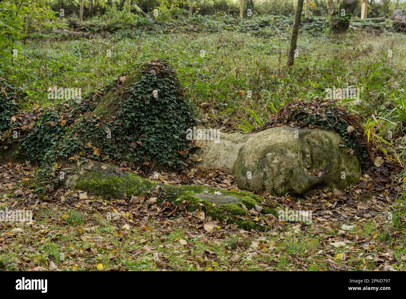 A stone statue, The Mudmaid, at The Lost Gardens of Helligan on the ...
