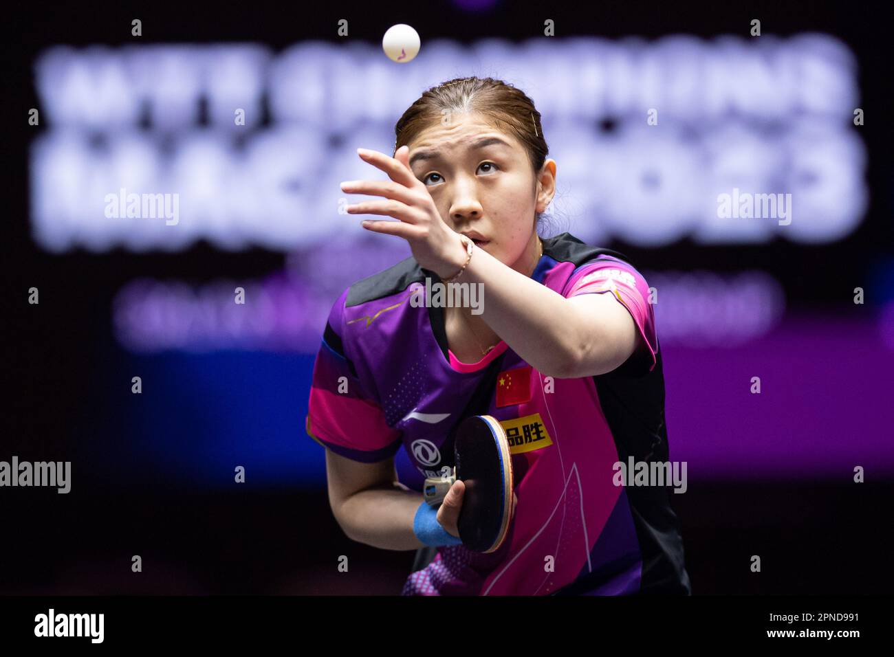 Macao, China. 18th Apr, 2023. Chen Meng of China serves during the ...