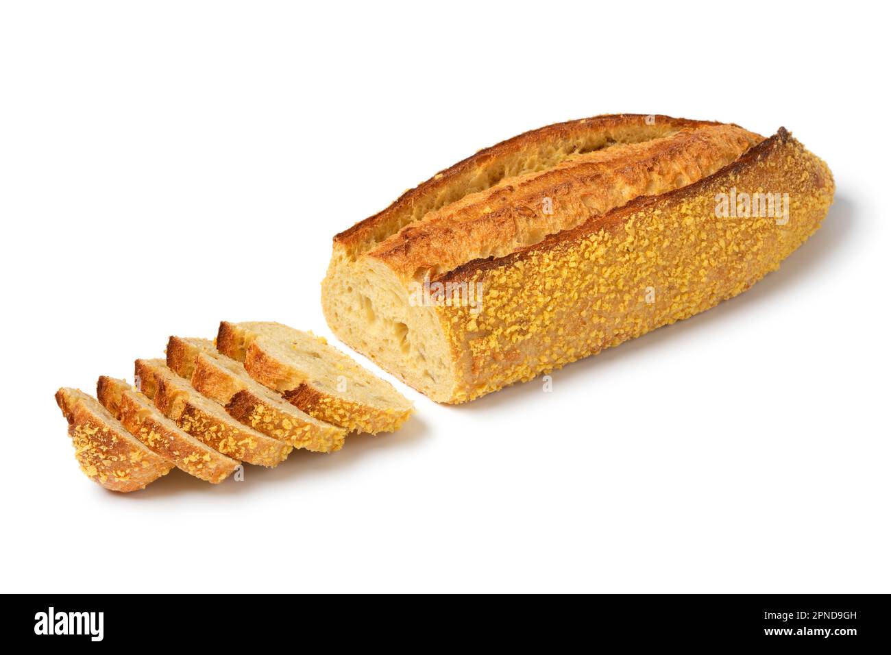Sliced fresh baked corn bread loaf isolated on white background close ...