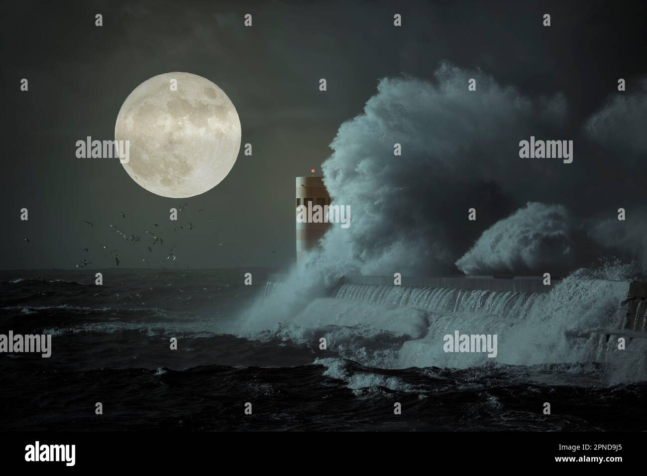 Stormy wave splash in a full moon night Stock Photo - Alamy