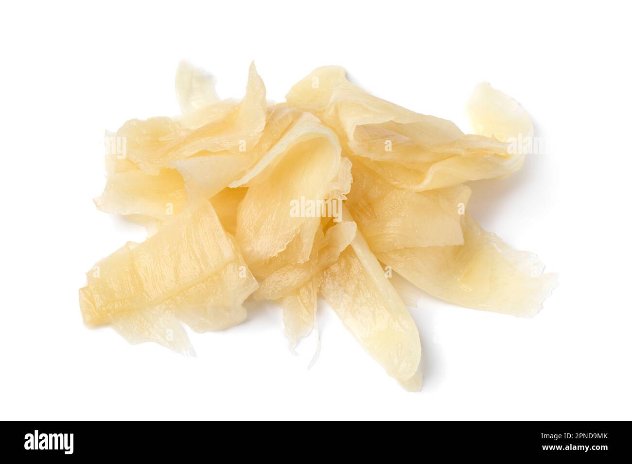 Heap of pickled white Japanese sushi ginger close up isolated on white ...