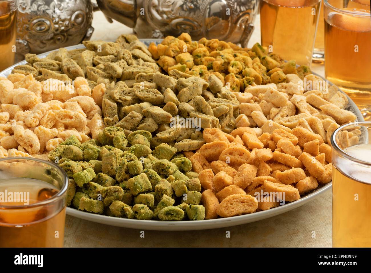 Dish with a variety of colorful Moroccan crunchy miniature shortbread ...