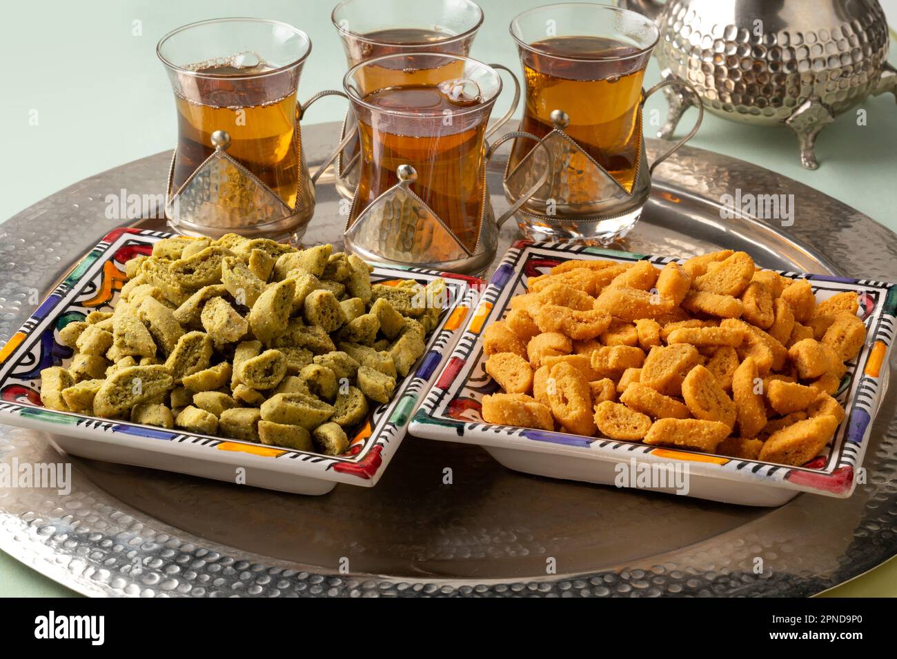 Plates with different colorful Moroccan crunchy miniature shortbread ...