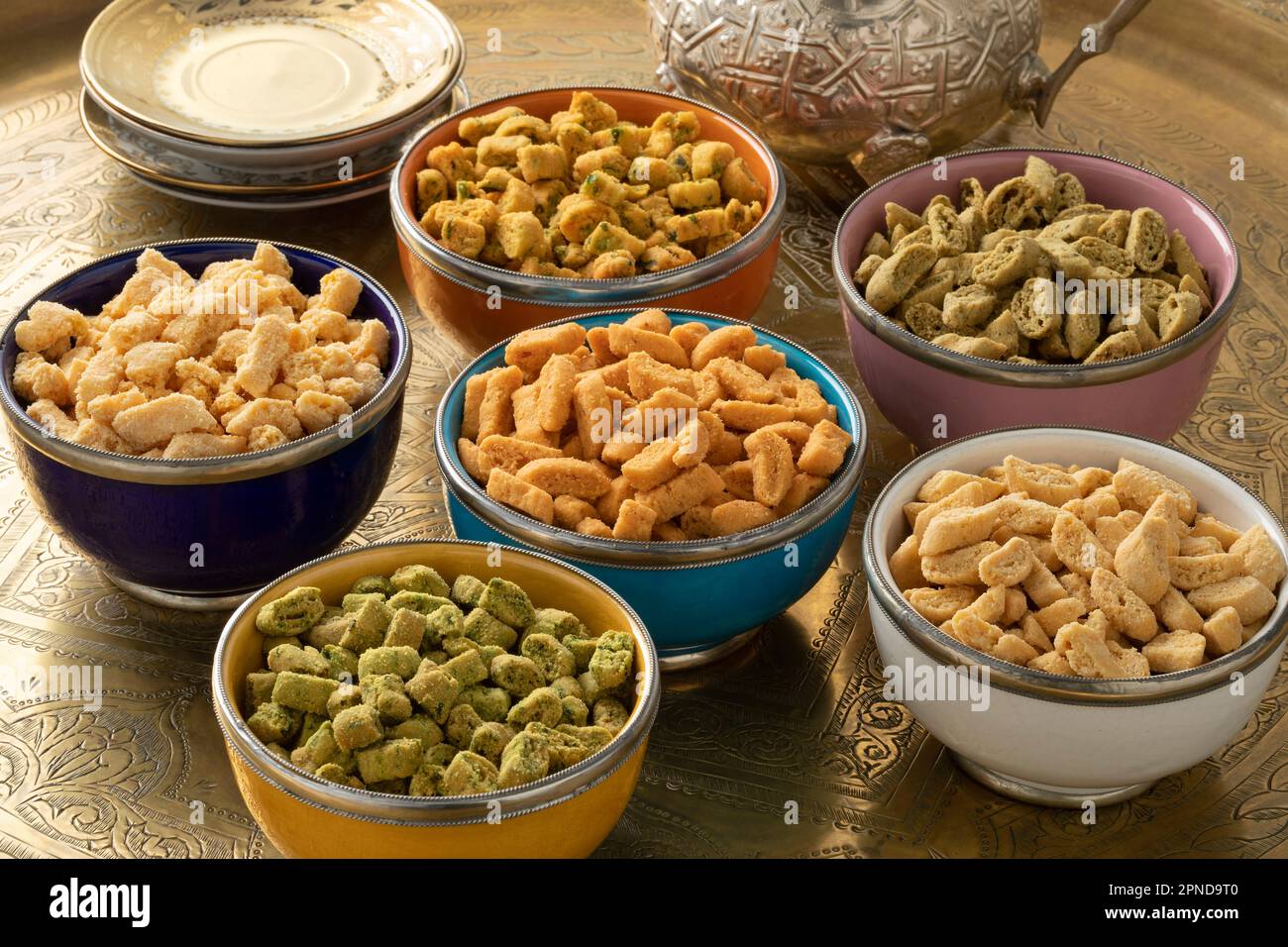 Colorful bowls with a variation of Moroccan crunchy miniature ...