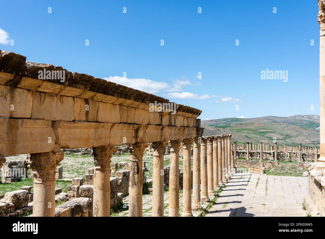 View of Roman columns in the ancient city of Cuicul-Djemila. UNESCO ...