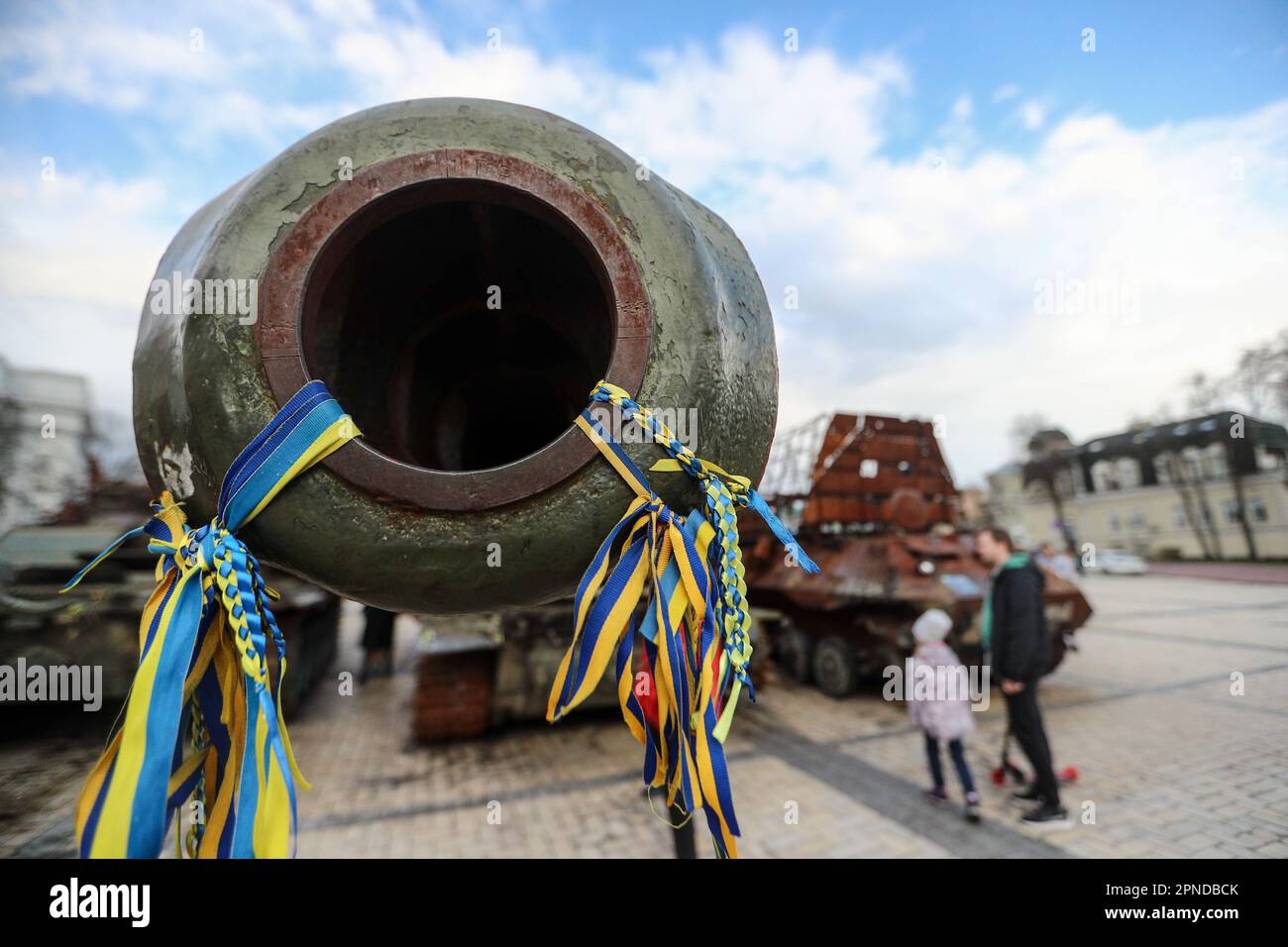 Kyiv, Ukraine. 08th Apr, 2023. Damaged tanks seen during an exhibition ...