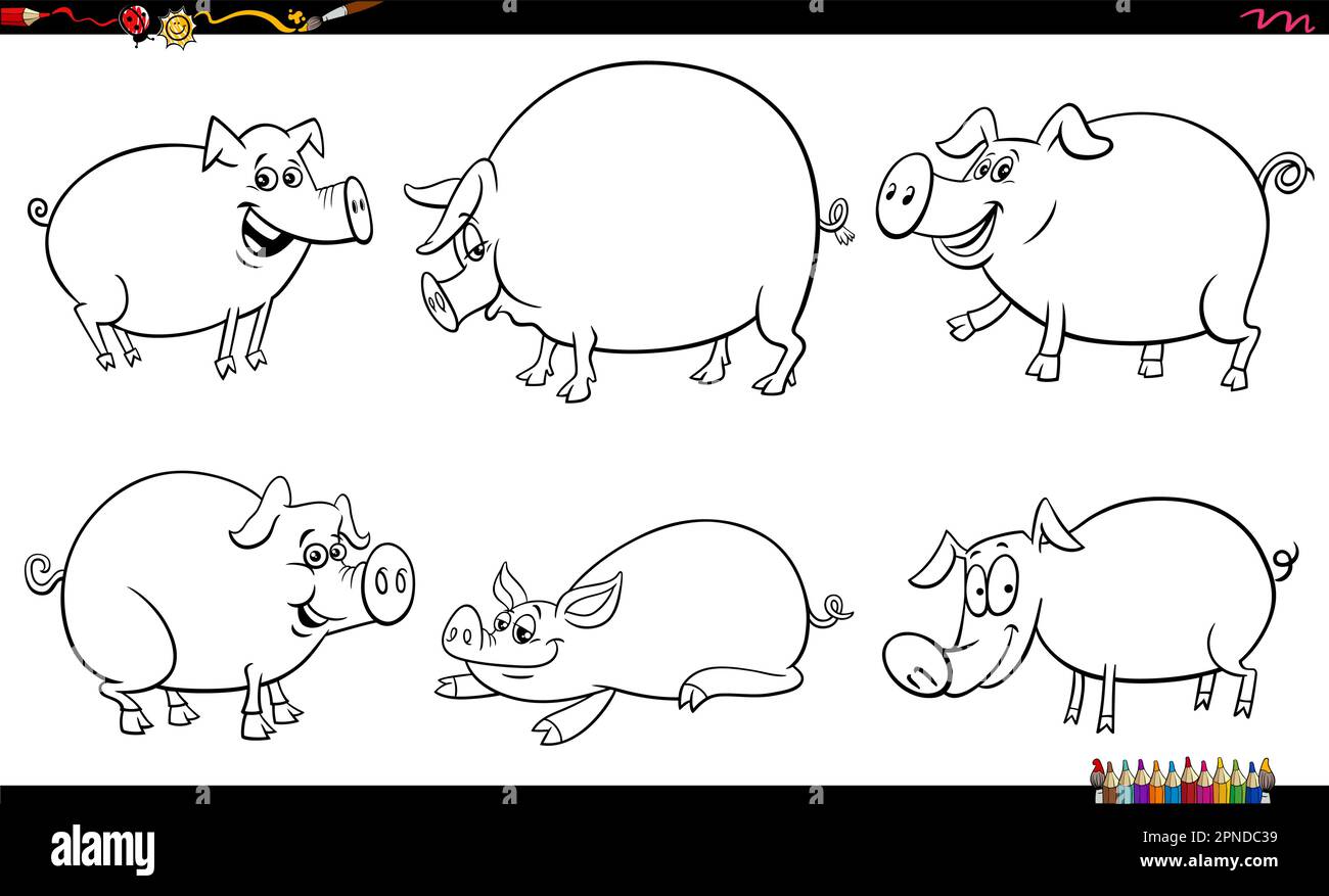 Black and white cartoon illustration of pigs farm animal characters set ...