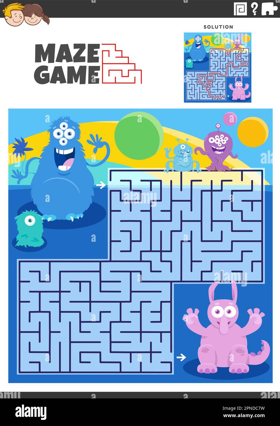 Cartoon illustration of educational maze puzzle activity for children ...