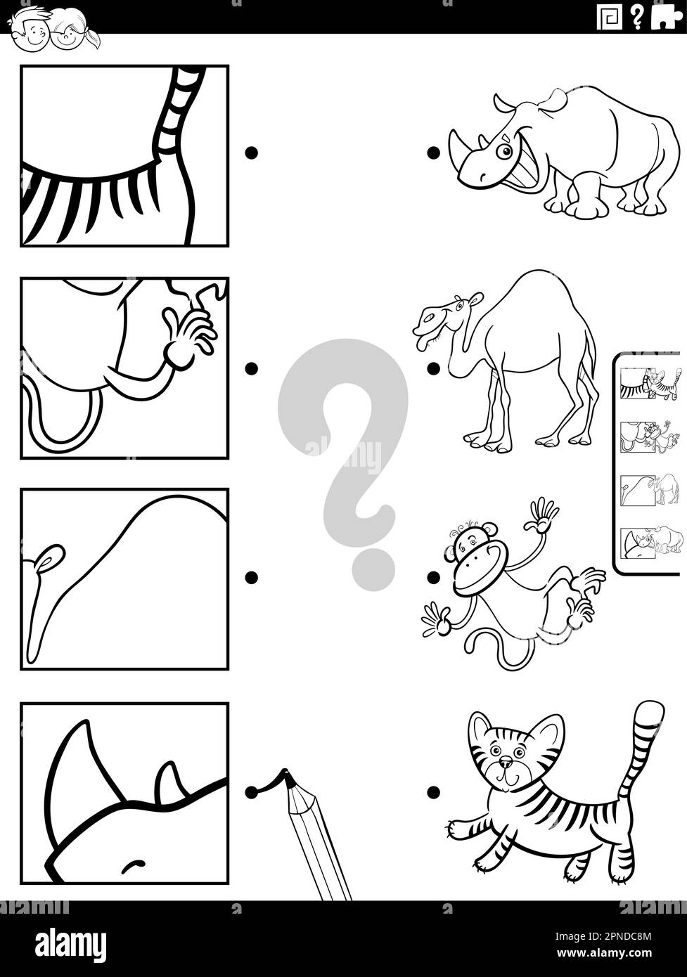 Black and white cartoon illustration of educational matching game with ...
