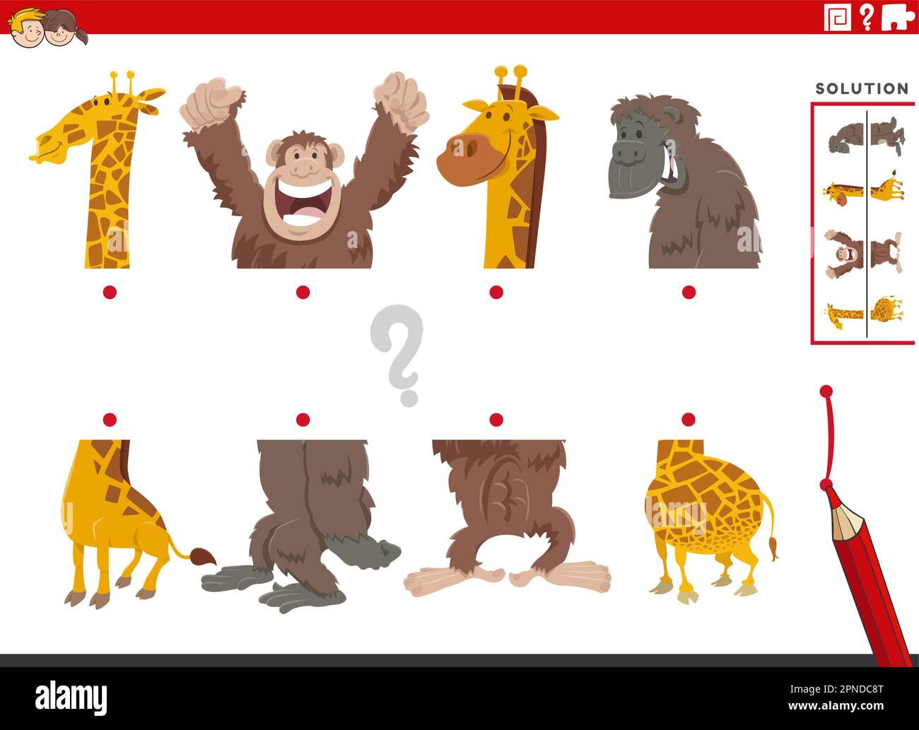 Cartoon illustration of educational game of matching halves of pictures ...