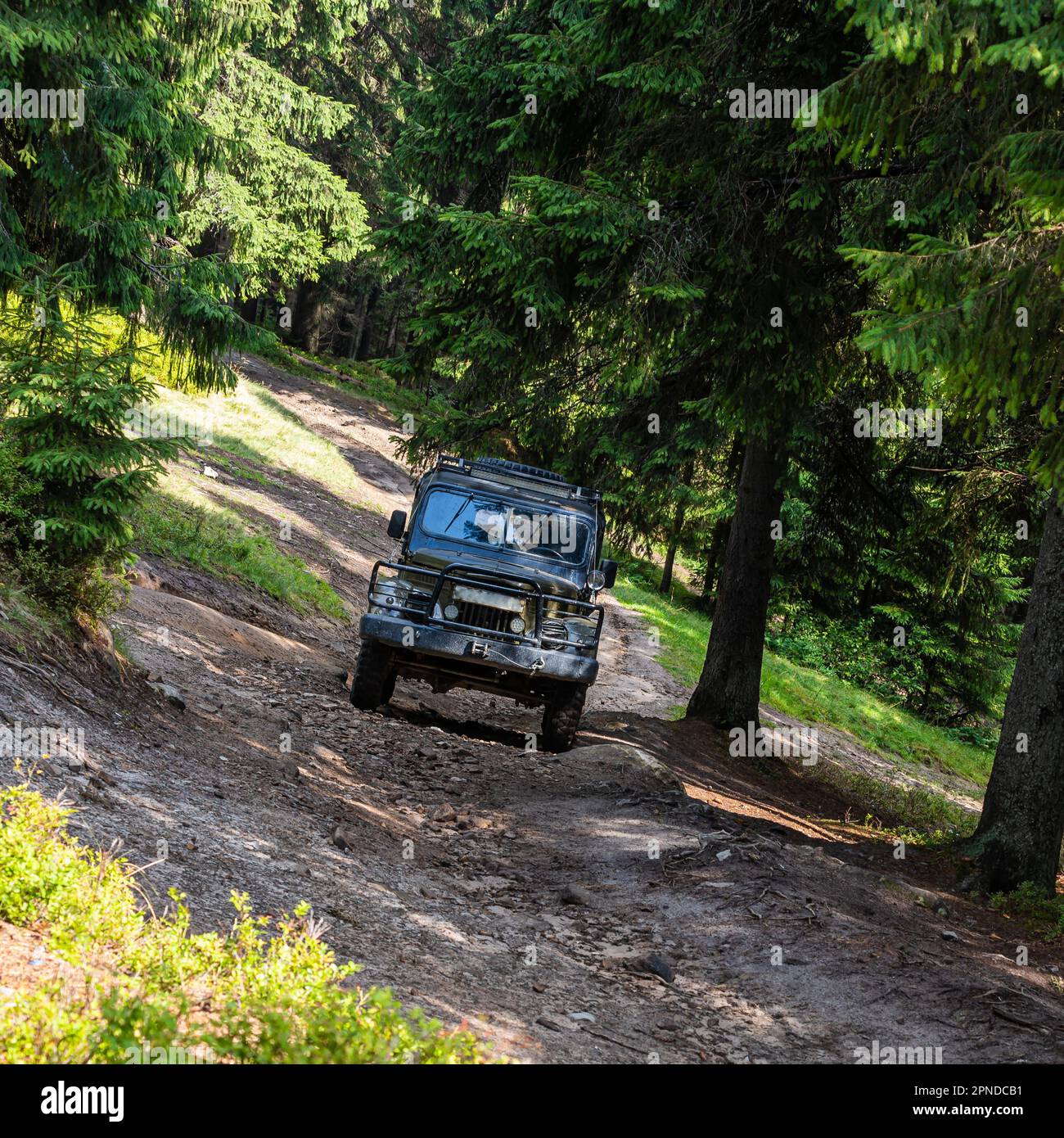 Old retro vintage 4x4 SUV on a dirt gravel dirt road in summer. Off ...