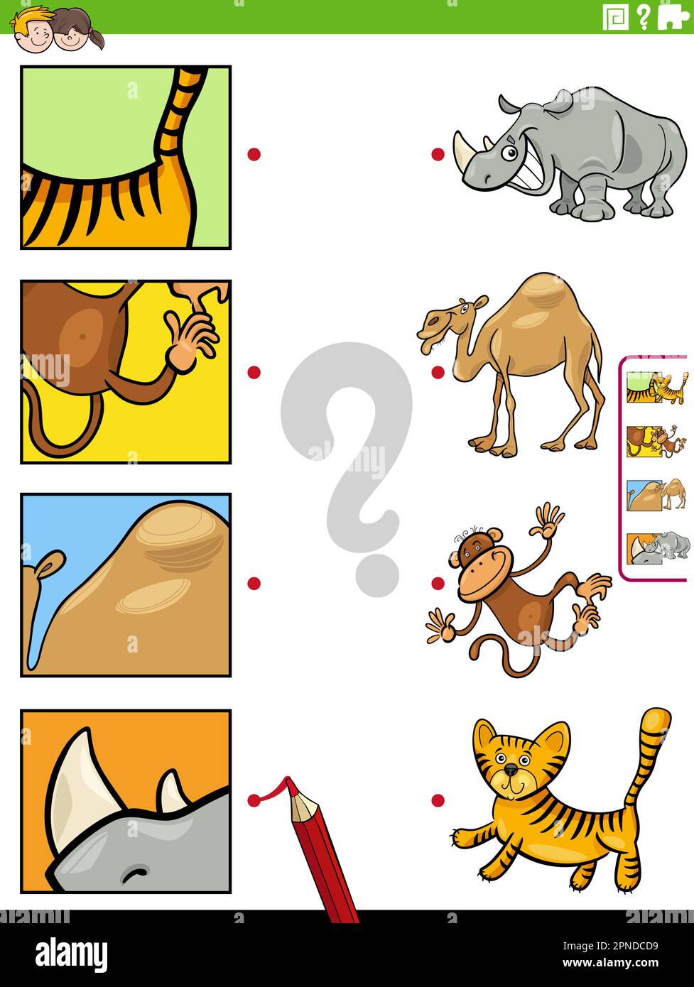 Cartoon illustration of educational matching game with animal ...