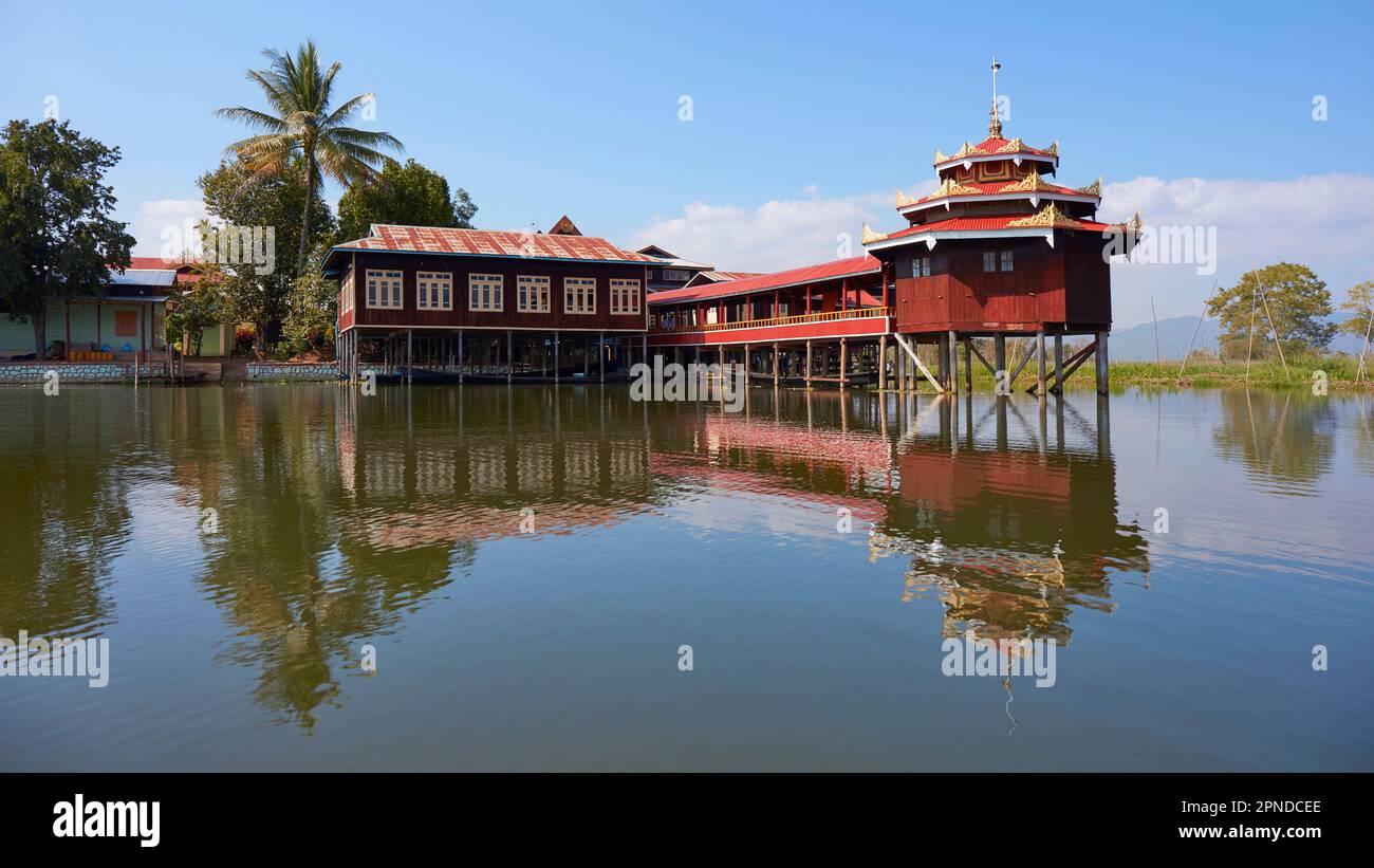 A Buddhist monastery built on a stilt house structure in Inle Lake ...
