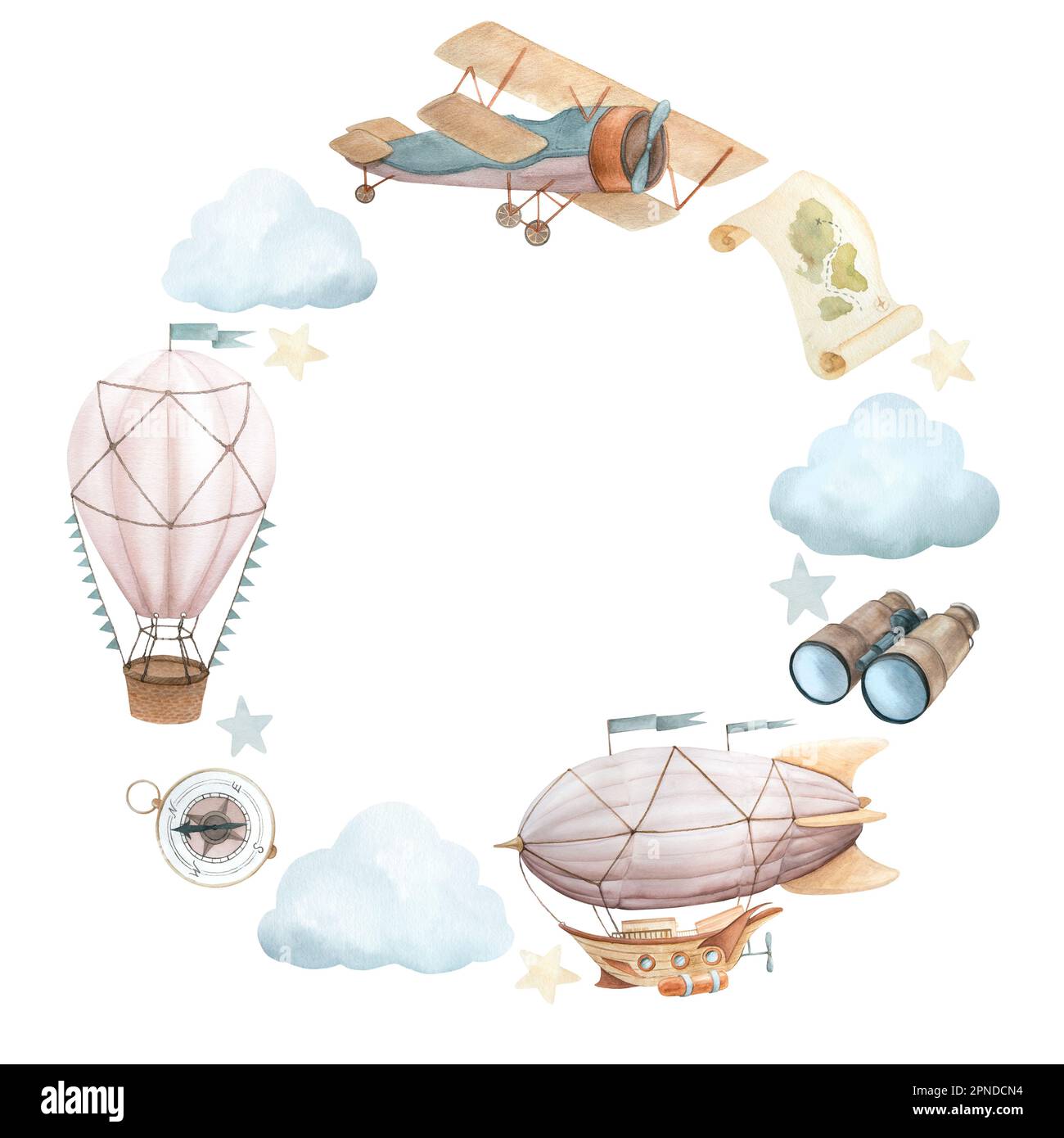 Watercolor illustration of wreath with flying vehicles and travel ...