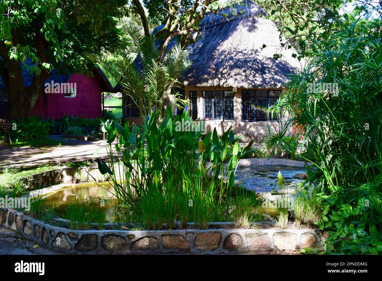 Stone fenced pond in front of straw roof huts Stock Photo - Alamy
