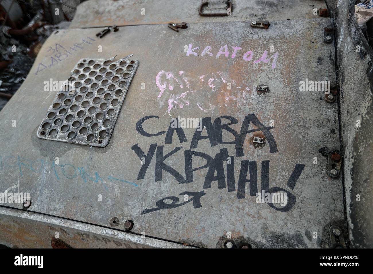 General view of an exhibition of burnt tanks with a slogan "Glory Ukraine" at Mykhailivs'ka ...