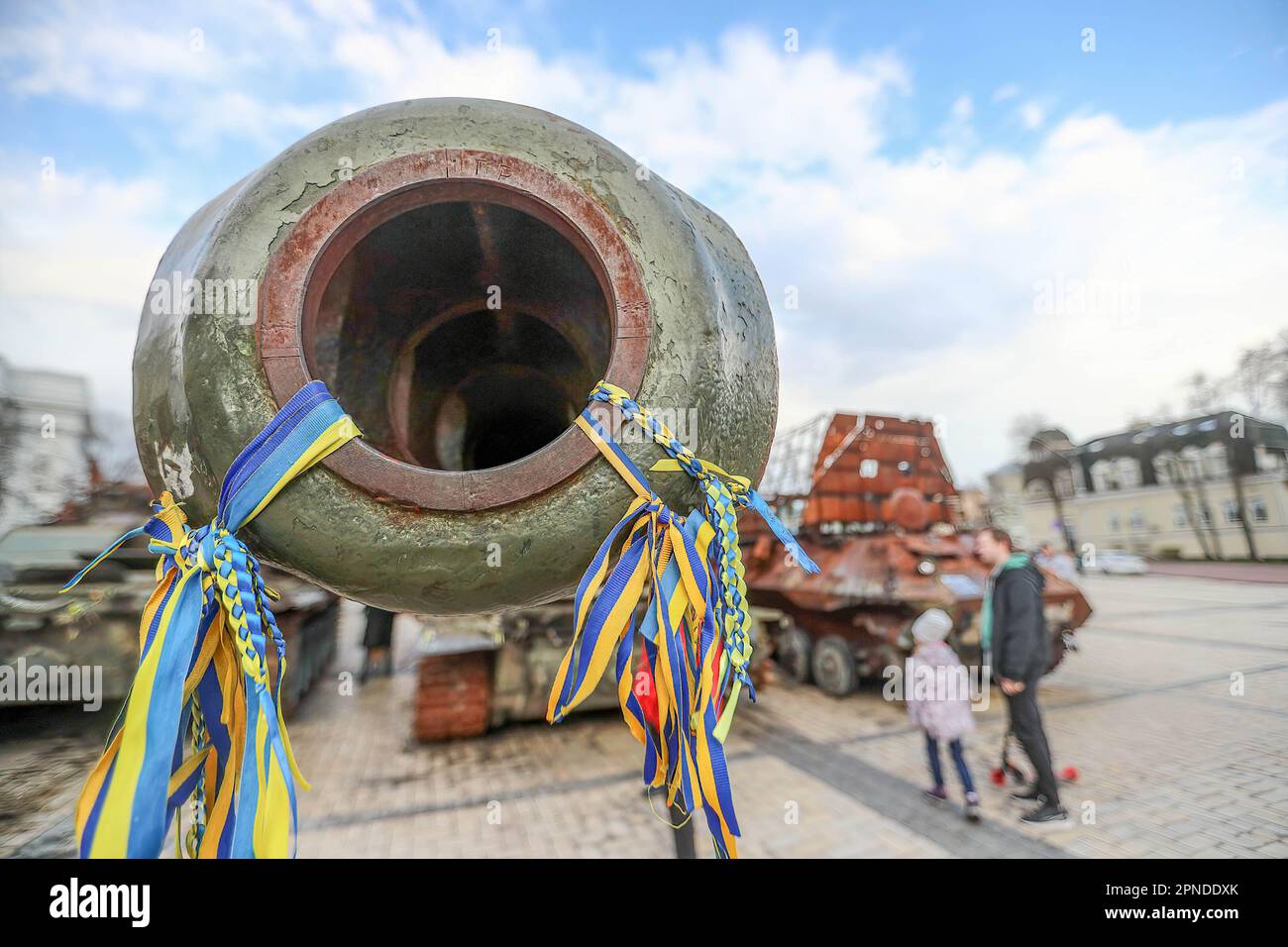 A damaged nose turret of a tank seen during an exhibition of burnt ...