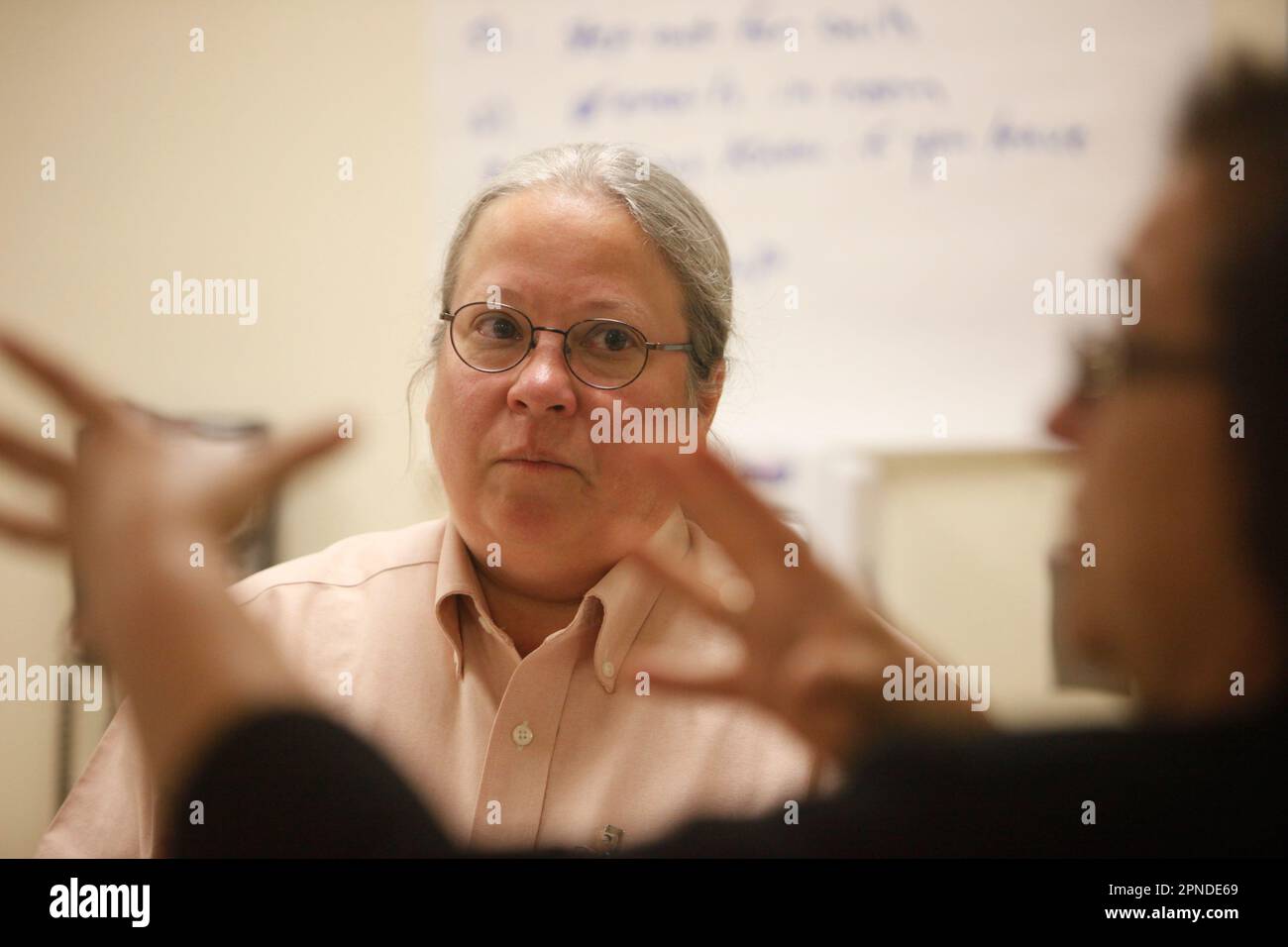 Terri Dentoni (right), San Francisco General Hospital chief nursing officer, talks with Lann ...