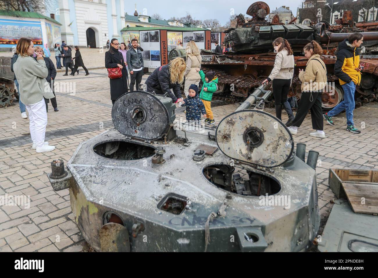 Kyiv, Ukraine. 08th Apr, 2023. People visit an exhibition of burnt ...