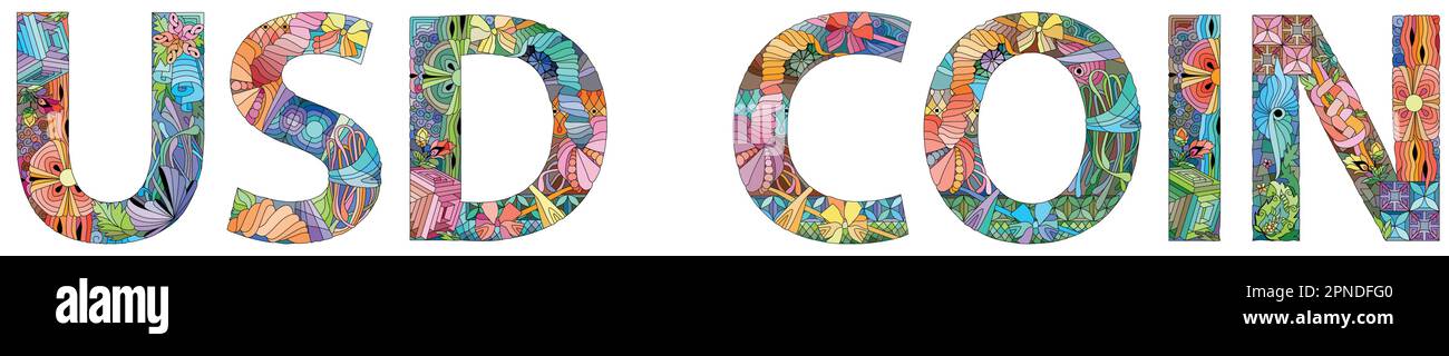 Hand-painted art design. Illustration word USD Coin painted in warm ...