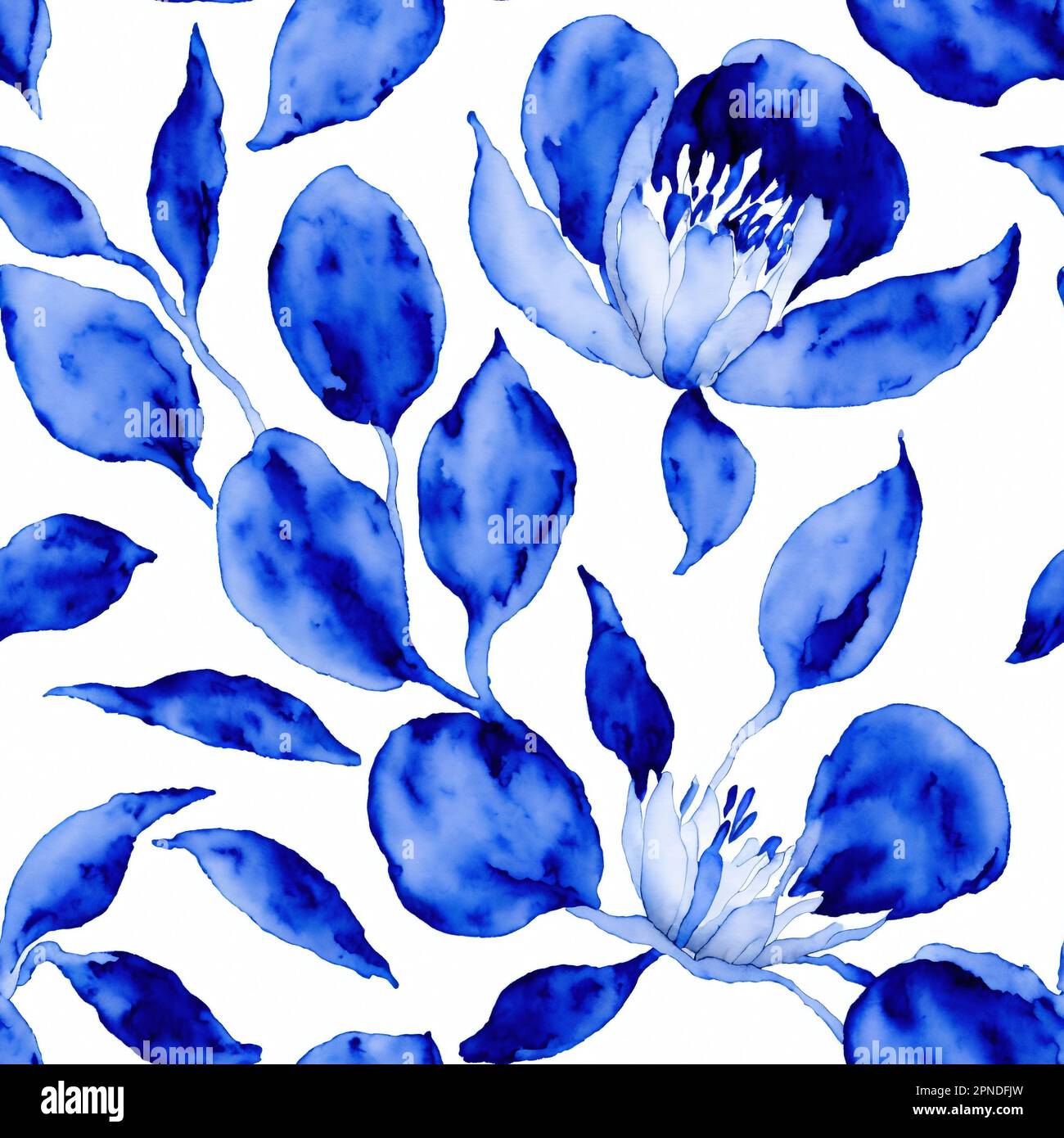 Blue Watercolor Seamless Flowers, Floral Porcelain, Blooms Stock Photo ...