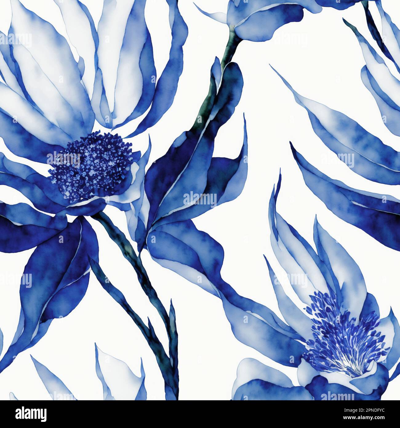 Blue Watercolor Seamless Flowers, Floral Porcelain, Blooms Stock Photo ...