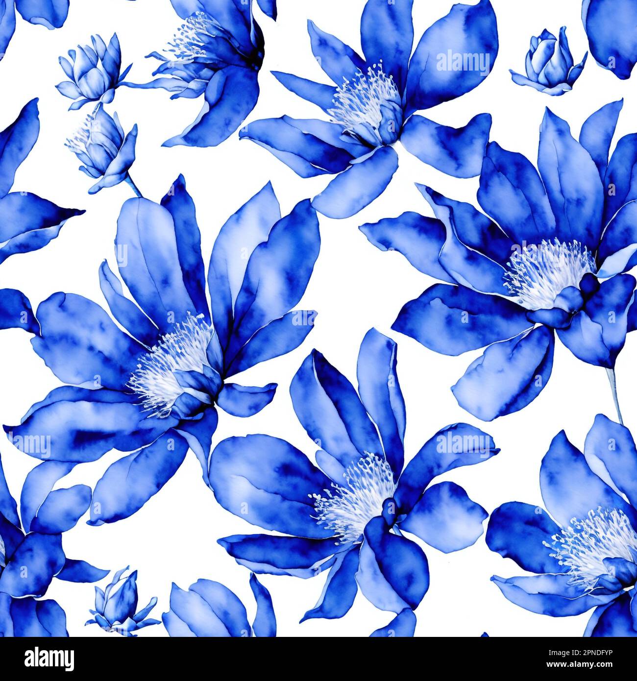 Blue Watercolor Seamless Flowers, Floral Porcelain, Blooms Stock Photo ...