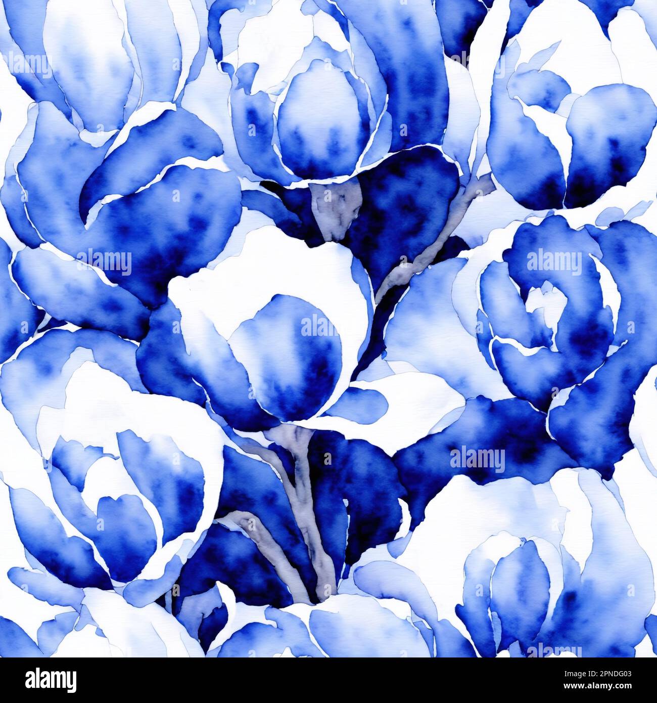 Blue Watercolor Seamless Flowers, Floral Porcelain, Blooms Stock Photo ...