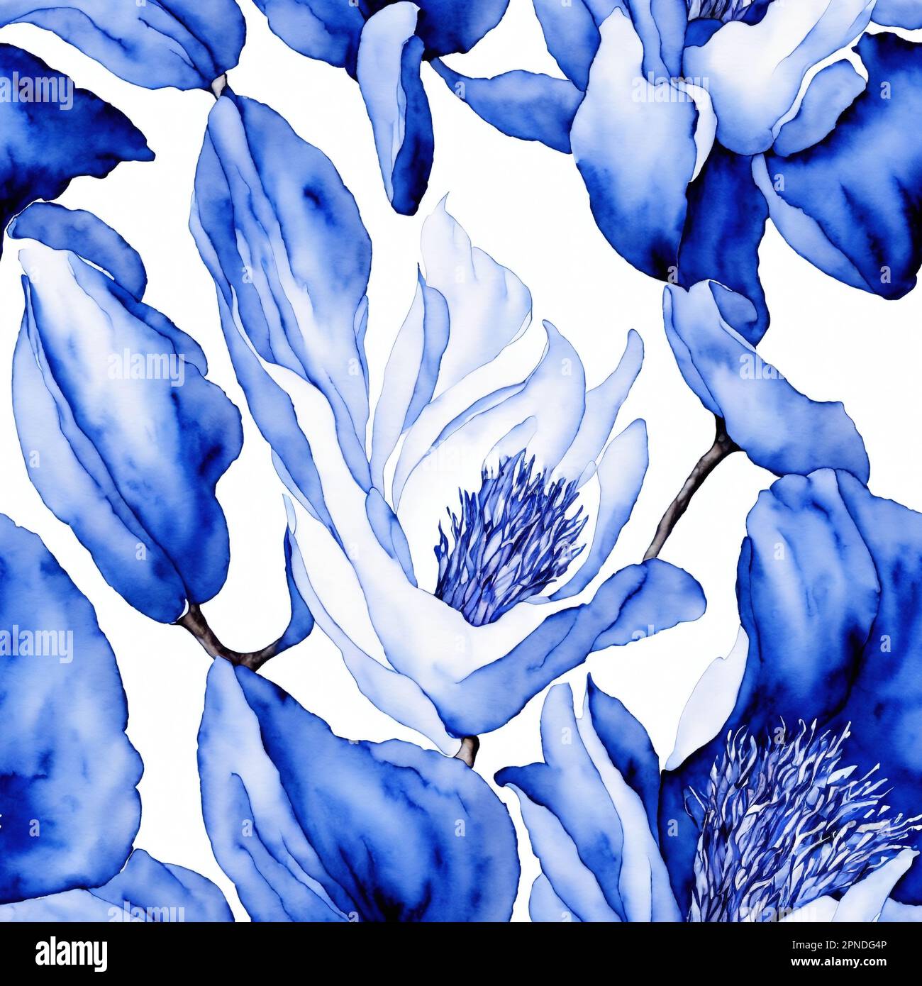 Blue Watercolor Seamless Flowers, Floral Porcelain, Blooms Stock Photo ...