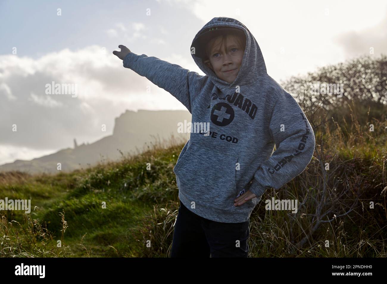 Child pointing to old man storr trotternish peninsula isle of skye ...