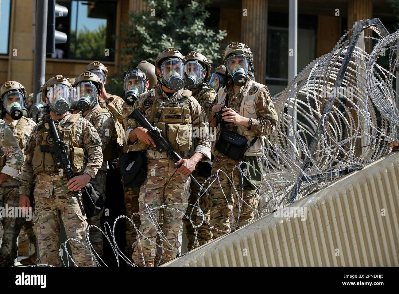 Beirut, Lebanon. 18th Apr, 2023. Lebanese soldiers stand guard as they ...