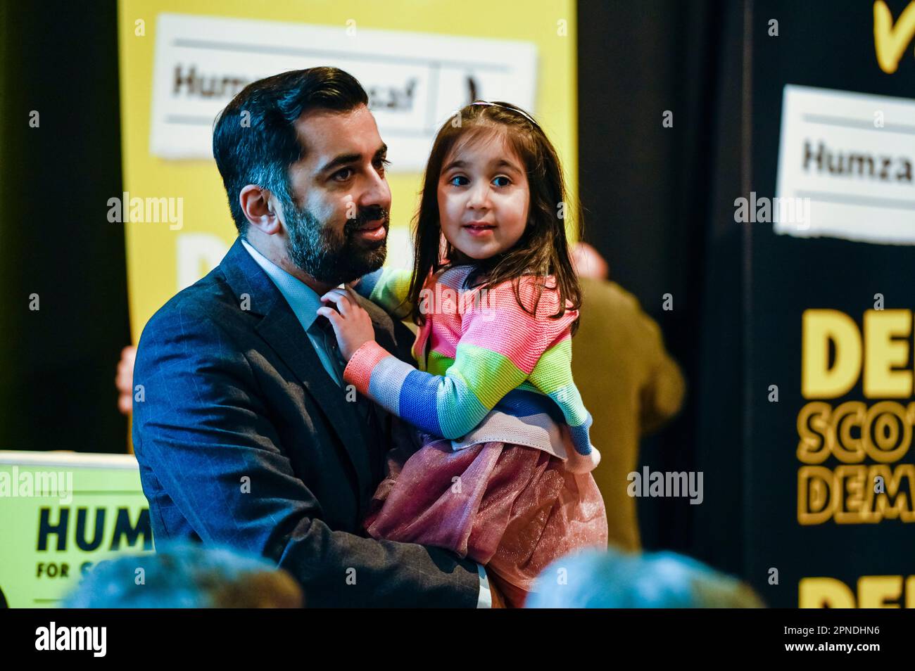 SNP member Humza Yousaf and daughter Amal Humza attend as he sets out ...