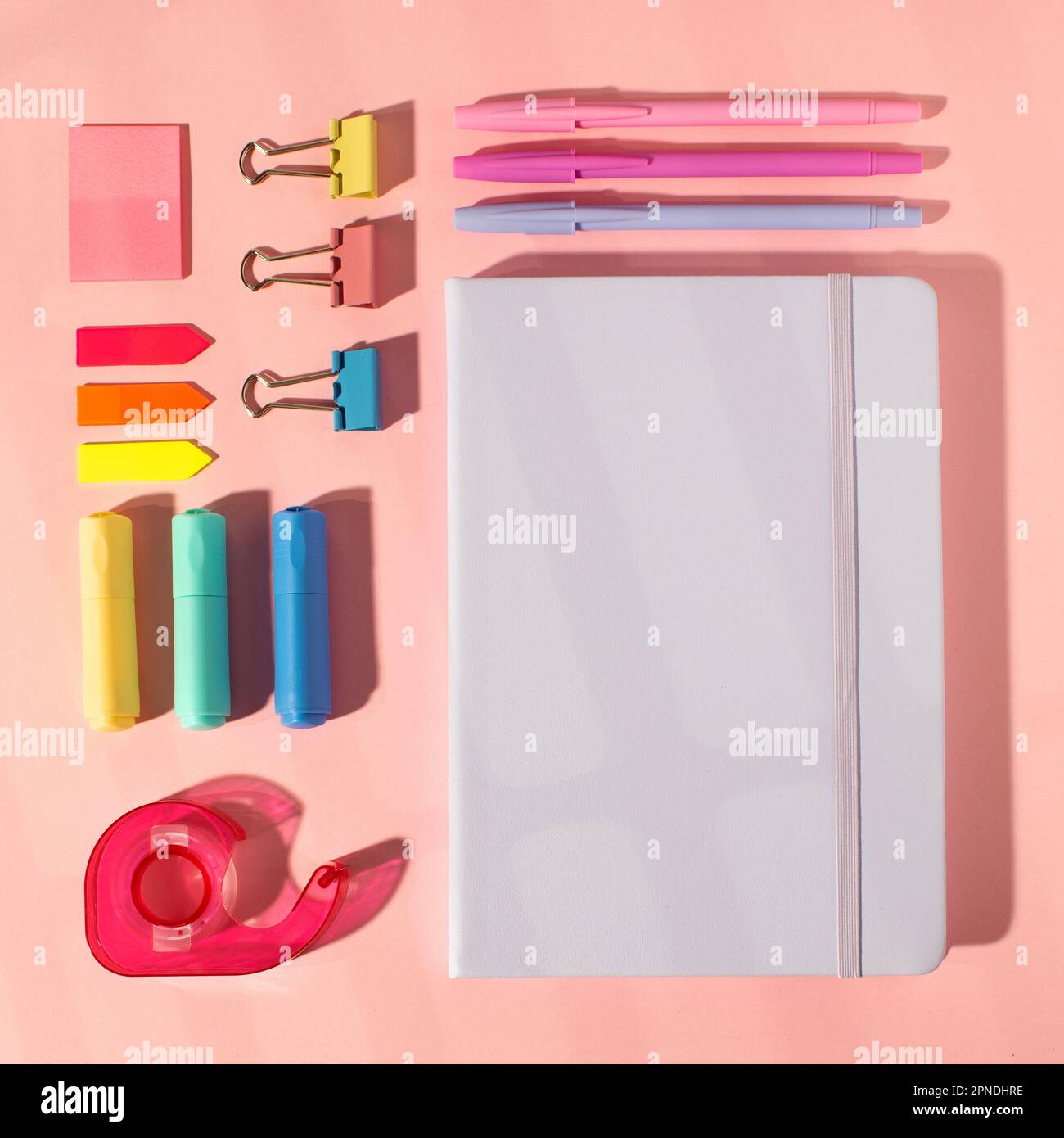 A colorful composition of a set of stationery for study and office ...