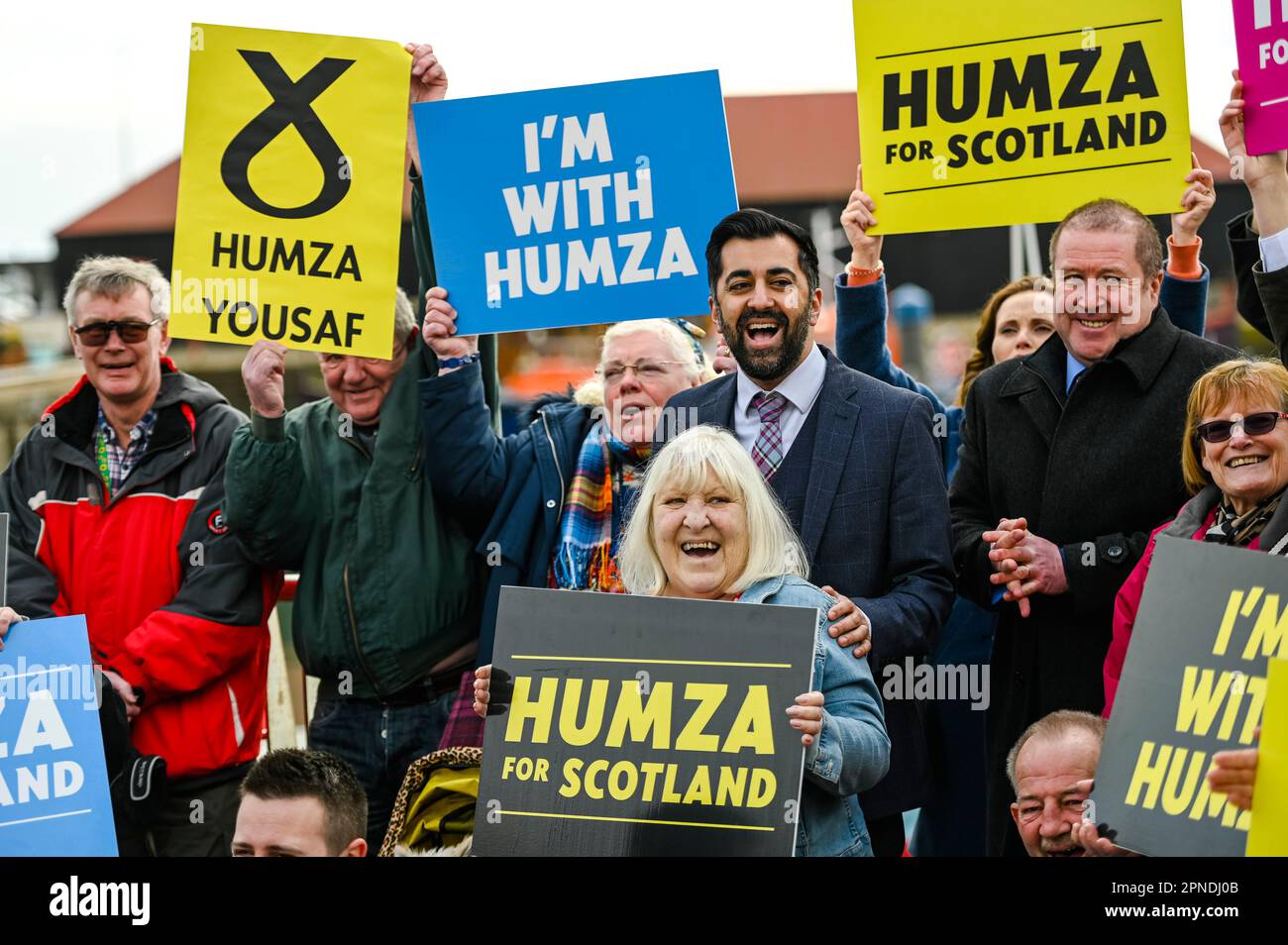 SNP member Humza Yousaf meets supporters at the harbour, as he sets out ...