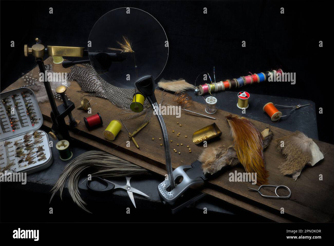 Fishing fly tying workshop, equipment and accessories Stock Photo - Alamy