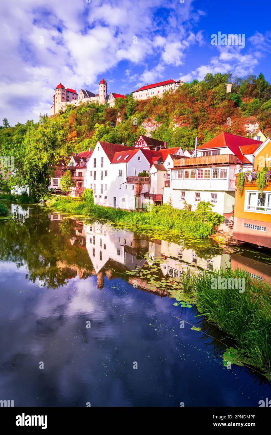 Harburg, Germany. Sunrise water reflection view with small charming ...